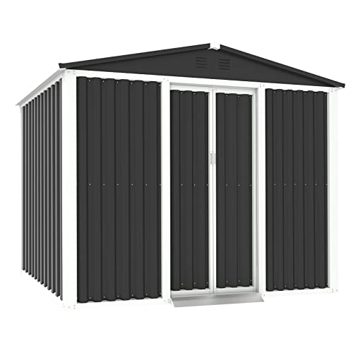 Betterland Outdoor Storage Shed 6×8 FT Garden Metal Tool House, Walk-in Steel Double Sloping Roof Shed with Sliding Door for Garden, Lawn, Backyard (Grey)