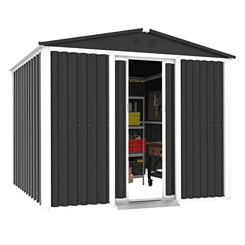 Betterland Outdoor Storage Shed 6×8 FT Garden Metal Tool House, Walk-in Steel Double Sloping Roof Shed with Sliding Door for Garden, Lawn, Backyard (Grey)