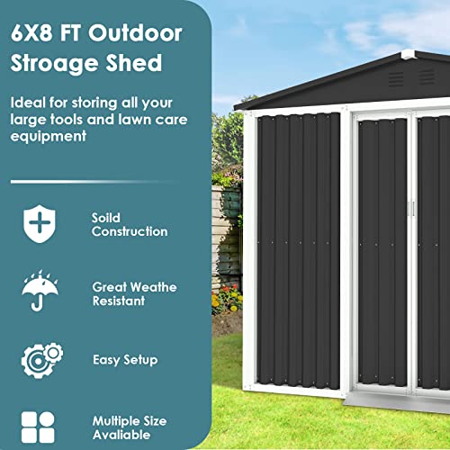 Betterland Outdoor Storage Shed 6×8 FT Garden Metal Tool House, Walk-in Steel Double Sloping Roof Shed with Sliding Door for Garden, Lawn, Backyard (Grey)