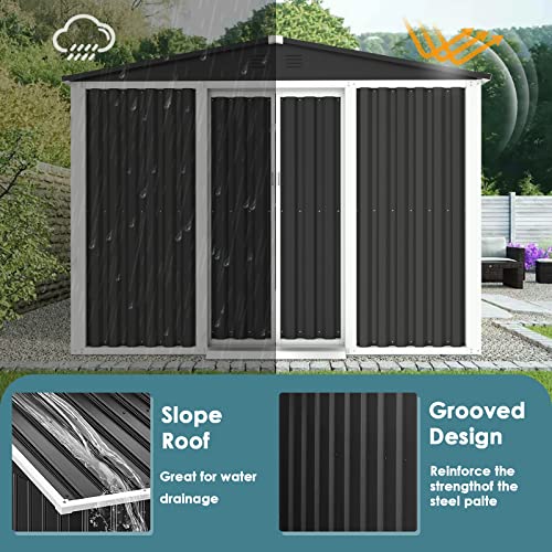 Betterland Outdoor Storage Shed 6×8 FT Garden Metal Tool House, Walk-in Steel Double Sloping Roof Shed with Sliding Door for Garden, Lawn, Backyard (Grey)