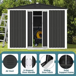 Betterland Outdoor Storage Shed 6×8 FT Garden Metal Tool House, Walk-in Steel Double Sloping Roof Shed with Sliding Door for Garden, Lawn, Backyard (Grey)