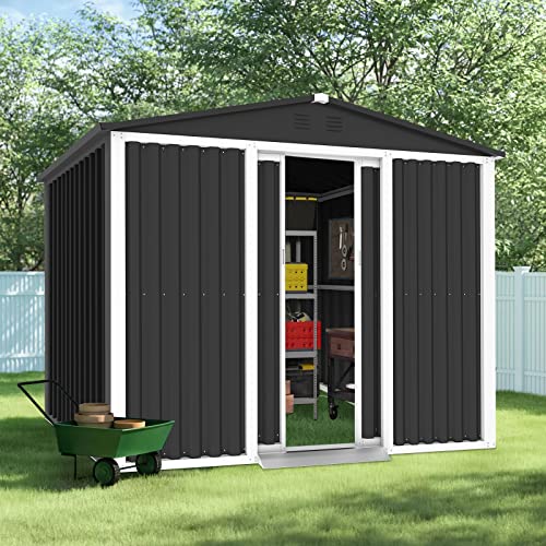 Betterland Outdoor Storage Shed 6×8 FT Garden Metal Tool House, Walk-in Steel Double Sloping Roof Shed with Sliding Door for Garden, Lawn, Backyard (Grey)