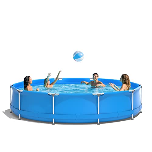 Goplus Above Ground Swimming Pool, 12ft x 12ft x 30inch Outdoor Steel Frame Pool W/Pool Cover, Reinforced Steel Frame, Round Swimming Pool for Backyard, Garden, Patio, Balcony (Blue)