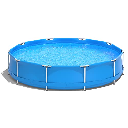 Goplus Above Ground Swimming Pool, 12ft x 12ft x 30inch Outdoor Steel Frame Pool W/Pool Cover, Reinforced Steel Frame, Round Swimming Pool for Backyard, Garden, Patio, Balcony (Blue)