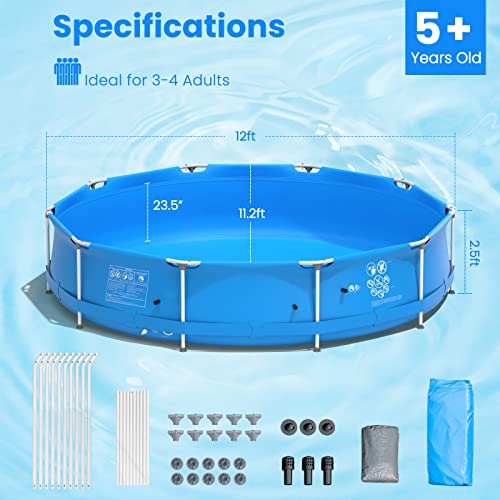 Goplus Above Ground Swimming Pool, 12ft x 12ft x 30inch Outdoor Steel Frame Pool W/Pool Cover, Reinforced Steel Frame, Round Swimming Pool for Backyard, Garden, Patio, Balcony (Blue)