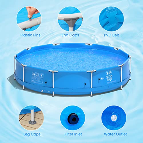 Goplus Above Ground Swimming Pool, 12ft x 12ft x 30inch Outdoor Steel Frame Pool W/Pool Cover, Reinforced Steel Frame, Round Swimming Pool for Backyard, Garden, Patio, Balcony (Blue)