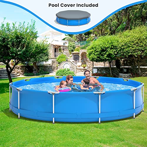 Goplus Above Ground Swimming Pool, 12ft x 12ft x 30inch Outdoor Steel Frame Pool W/Pool Cover, Reinforced Steel Frame, Round Swimming Pool for Backyard, Garden, Patio, Balcony (Blue)