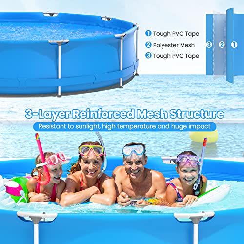 Goplus Above Ground Swimming Pool, 12ft x 12ft x 30inch Outdoor Steel Frame Pool W/Pool Cover, Reinforced Steel Frame, Round Swimming Pool for Backyard, Garden, Patio, Balcony (Blue)