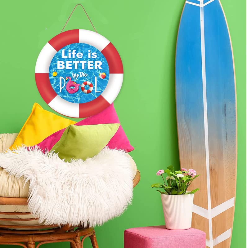 ZDALEXF Outdoor Summer Sign, Life is Better by The Pool Sign for Swimming Pool, Round Wooden Hanging Sign for Garden Backyard Patio Decor,Summer Beach Home Party Wall Porch Decoration 12x12