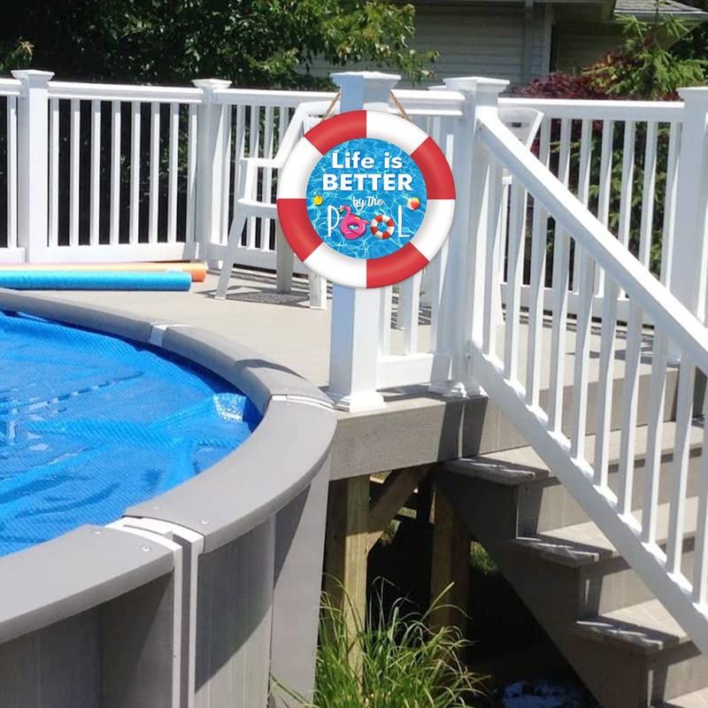 ZDALEXF Outdoor Summer Sign, Life is Better by The Pool Sign for Swimming Pool, Round Wooden Hanging Sign for Garden Backyard Patio Decor,Summer Beach Home Party Wall Porch Decoration 12x12