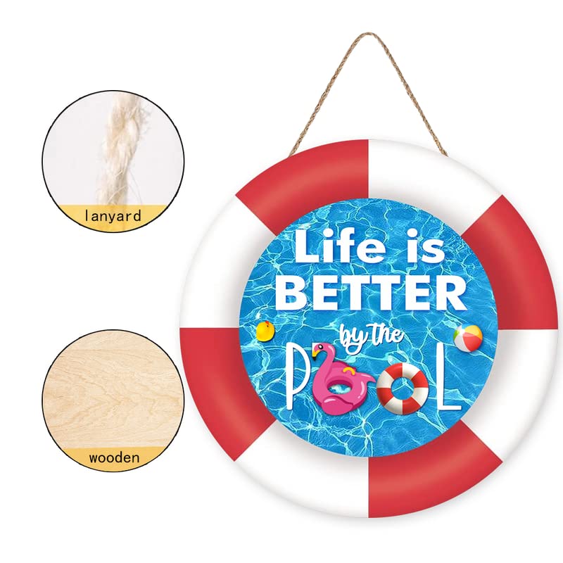 ZDALEXF Outdoor Summer Sign, Life is Better by The Pool Sign for Swimming Pool, Round Wooden Hanging Sign for Garden Backyard Patio Decor,Summer Beach Home Party Wall Porch Decoration 12x12