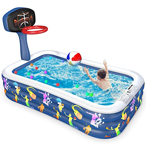 Inflatable Swimming Pool, Basketball Hook Family Full-Sized Inflatable Pools, 118" x 72" x 22" Blow Up Kiddie Pool for Kids, Adults, Babies, Toddlers, Outdoor, Garden, Backyard (Basketball Cartoon)