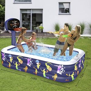 Inflatable Swimming Pool, Basketball Hook Family Full-Sized Inflatable Pools, 118" x 72" x 22" Blow Up Kiddie Pool for Kids, Adults, Babies, Toddlers, Outdoor, Garden, Backyard (Basketball Cartoon)