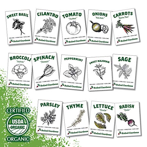 Kitchen Garden Seed Collection - Certified Organic Herb & Vegetable Seeds - 14 Varieties of Non-GMO, Heirloom, Home Garden Seeds for Planting - Basil, Tomato, Spinach, Cilantro, & More