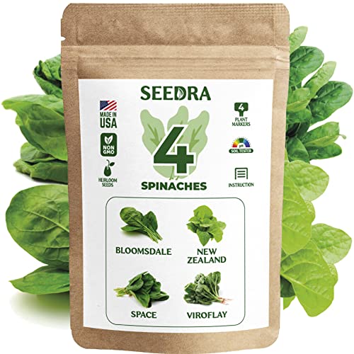 Seedra.US 4 Spinach Seeds Variety Pack - 305+ Non GMO, Heirloom Seeds for Indoor Outdoor Hydroponic Home Garden - Bloomsdale, New Zealand, Space, Virofly