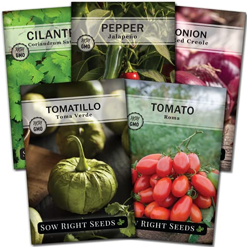 Sow Right Seeds - Salsa Seed Collection for Planting - Jalapeno, Cilantro, Roma Tomato, Tomatillo, and Red Onion - Non-GMO Heirloom Seeds with Instructions to Plant Your Own Home Vegetable Garden