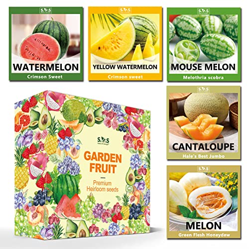 5 Variety Melon Fruit Seeds Packets - Crimson Watermelon, Green Honeydew Melon, Melothria scabra, Cantaloupe and Yellow Watermelon for Your Fruit Garden W/Gift Box Planting Instructions