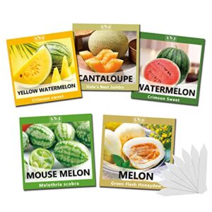 5 Variety Melon Fruit Seeds Packets - Crimson Watermelon, Green Honeydew Melon, Melothria scabra, Cantaloupe and Yellow Watermelon for Your Fruit Garden W/Gift Box Planting Instructions