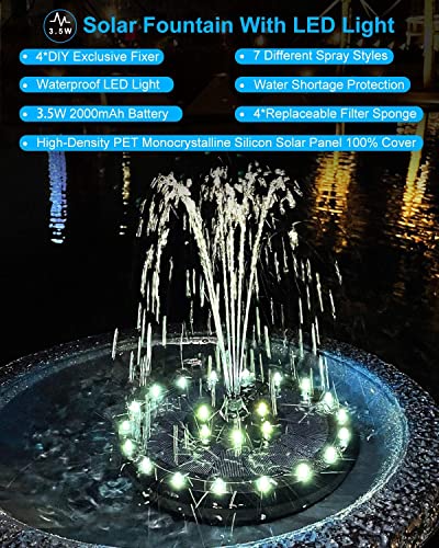 Yzert 3.5W Solar Fountain with White LED Light, Built-in Battery Bird Bath Fountains Solar Power with 4 Fixed Rods, Solar Fountain Pump for Bird Bath Pool, Pond,Outdoor and Garden