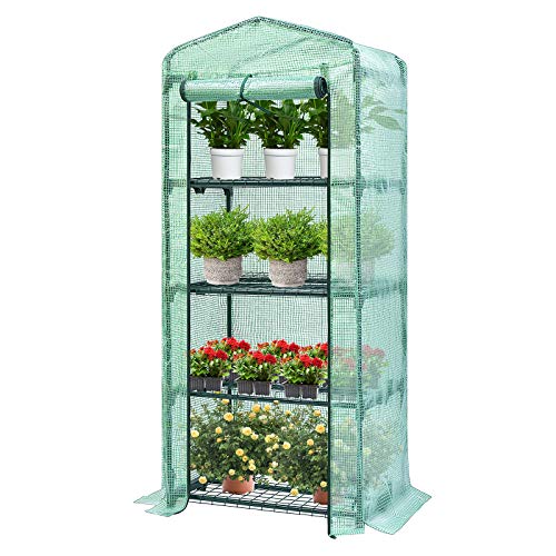 VIVOSUN Mini 4-Tier Greenhouse, 27 x 19 x 63-Inch Reusable Portable Warm House with Green PE Cover and Shelf for Compact Garden and Small Backyards