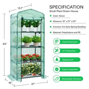 VIVOSUN Mini 4-Tier Greenhouse, 27 x 19 x 63-Inch Reusable Portable Warm House with Green PE Cover and Shelf for Compact Garden and Small Backyards