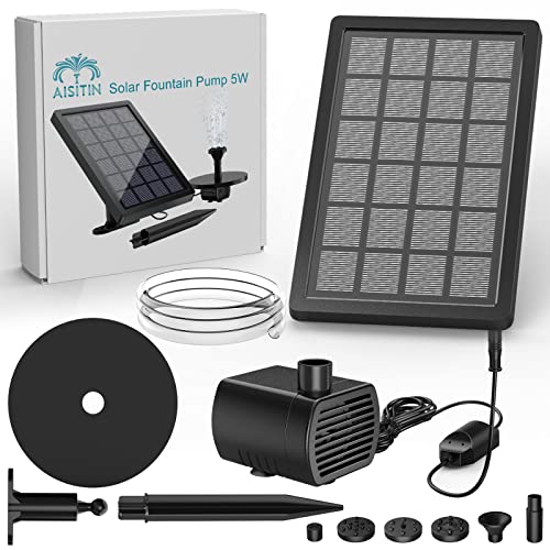 AISITIN 5W Solar Fountain Pump DIY Kit, Bird Bath Solar Water Fountain with 4 Nozzles for Garden/Outdoor, with 3.2ft Water Pipe and Stake, Solar Powered Fountain for Garden, Ponds, Pool, Outdoor