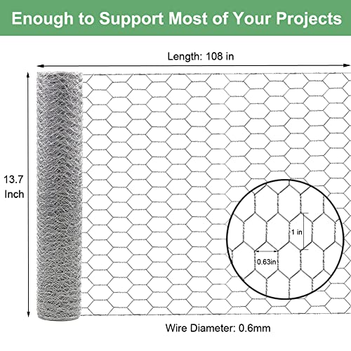 Chicken Wire Fencing 13.7 in x 108 in Hexagonal Galvanized Mesh Small Garden Wire Fence Kit & Wire Ties Floral Chicken Wire Roll for Crafts Rabbit Poultry