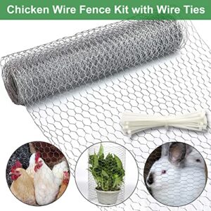 Chicken Wire Fencing 13.7 in x 108 in Hexagonal Galvanized Mesh Small Garden Wire Fence Kit & Wire Ties Floral Chicken Wire Roll for Crafts Rabbit Poultry