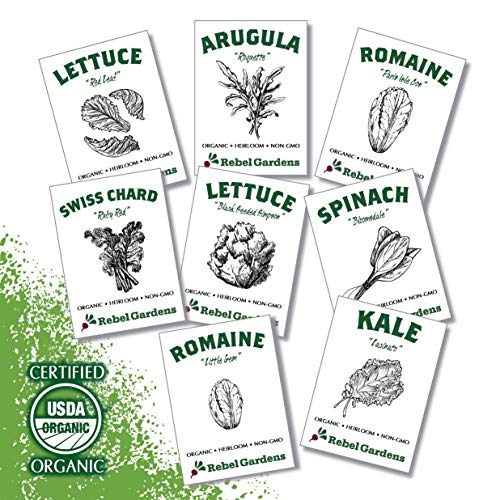 Organic Garden Greens Vegetable Seeds - 8 Varieties of Heirloom, Non-GMO Salad Green Seeds - Lettuce, Arugula, Swiss Chard, Kale, and Spinach