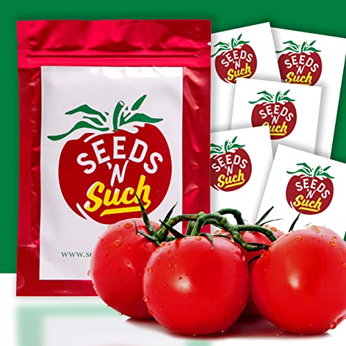 Seeds N Such 150 Hand Selected Tomato Garden Seeds | 5 Individually Packaged Seeds Goliath Original, Goliath Sunny, Sweet Million Hybrid, Mortgage Lifter & Containers Choice Red | Untreated & Non-GMO