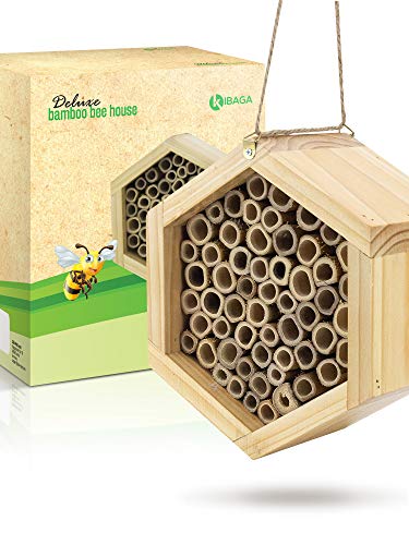 KIBAGA Mason Bee House - Handmade Natural Bamboo Bee Hive Attracts Peaceful Bee Pollinators to Enhance Your Garden's Productivity - The for Garden Lovers