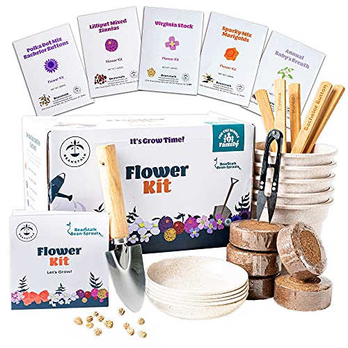 Flower Growing Kit by Beanstalk - 5 Types of Non-GMO Flower Seeds, Bachelor Button, Zinnia, Marigold, Virginia Stock, Baby's Breath - Best Birthday Garden Plant Gifts for Girls, Kids Age 5 6 7 8 9 10