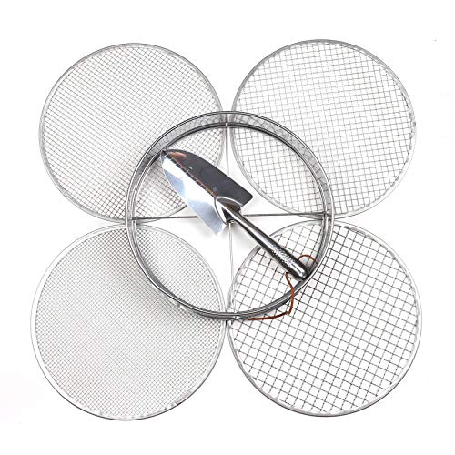 Practicool Garden Potting Mix Sieve - Stainless Steel Riddle - Soil sifting pan - with 4 Interchangeable Filter mesh Sizes - 3,6,9,12 mm and Bonus Spade