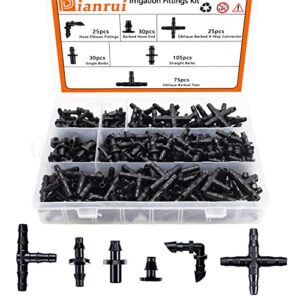 dianrui 290pcs drip irrigation fittings kit, barbed connectors parts 1/4” barbed connectors irrigation fittings kit for garden lawn flower pot sprinkler systems k1-042-set