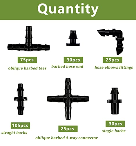 Dianrui 290PCS Drip Irrigation Fittings Kit, Barbed Connectors Parts 1/4'' Barbed Connectors Irrigation Fittings Kit for Garden Lawn Flower Pot Sprinkler Systems K1-042-set