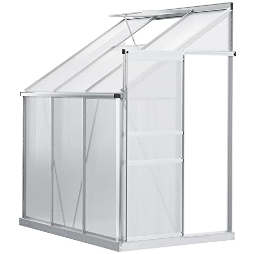 Outsunny 6' x 4' Aluminum Lean-to Greenhouse Polycarbonate Walk-in Garden Greenhouse with Adjustable Roof Vent, Rain Gutter and Sliding Door for Winter, Clear