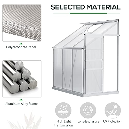 Outsunny 6' x 4' Aluminum Lean-to Greenhouse Polycarbonate Walk-in Garden Greenhouse with Adjustable Roof Vent, Rain Gutter and Sliding Door for Winter, Clear