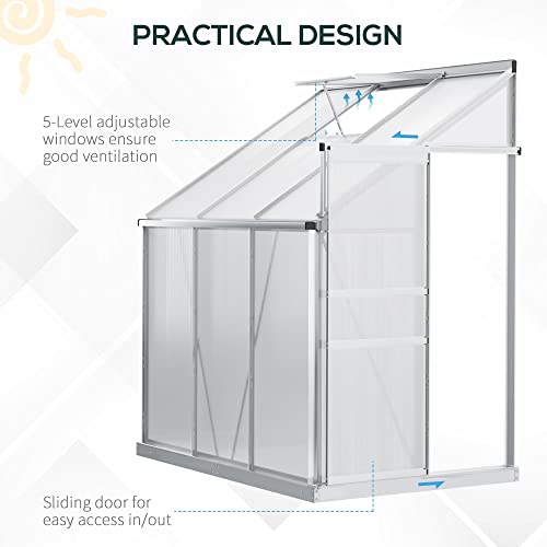 Outsunny 6' x 4' Aluminum Lean-to Greenhouse Polycarbonate Walk-in Garden Greenhouse with Adjustable Roof Vent, Rain Gutter and Sliding Door for Winter, Clear