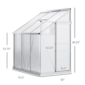 Outsunny 6' x 4' Aluminum Lean-to Greenhouse Polycarbonate Walk-in Garden Greenhouse with Adjustable Roof Vent, Rain Gutter and Sliding Door for Winter, Clear