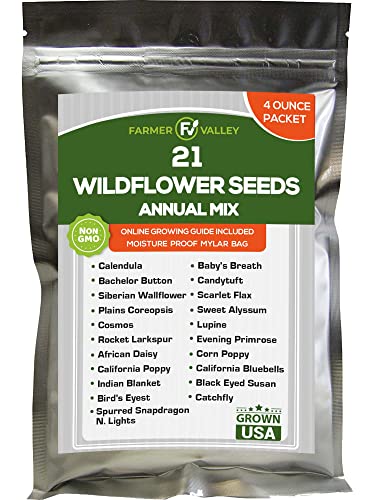 Annual Wildflower Seeds Mix to Attract Pollinators, Butterflies, and Birds - 100,000+ Heirloom and Non GMO Flower Garden Seeds in Bulk 4oz Packet - 21 Varieties for Indoor and Outdoor Planting