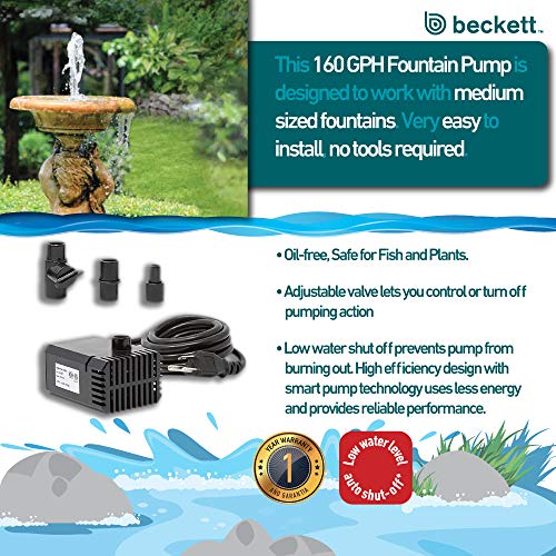 Beckett Corporation 7202610 160 GPH Submersible Auto-Shutoff Small Pump for Indoor/Outdoor Ponds, Fountains, Water Gardens, 4.1' Max Height, Black