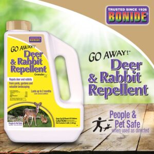 bonide go away! deer & rabbit repellent granules, 3 lb. ready-to-use, deter deer from garden, flowers & plants