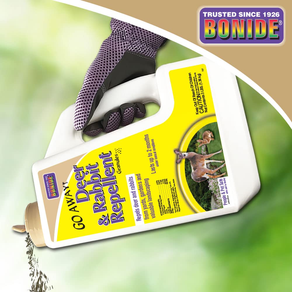 Bonide Go Away! Deer & Rabbit Repellent Granules, 3 lb. Ready-to-Use, Deter Deer from Garden, Flowers & Plants