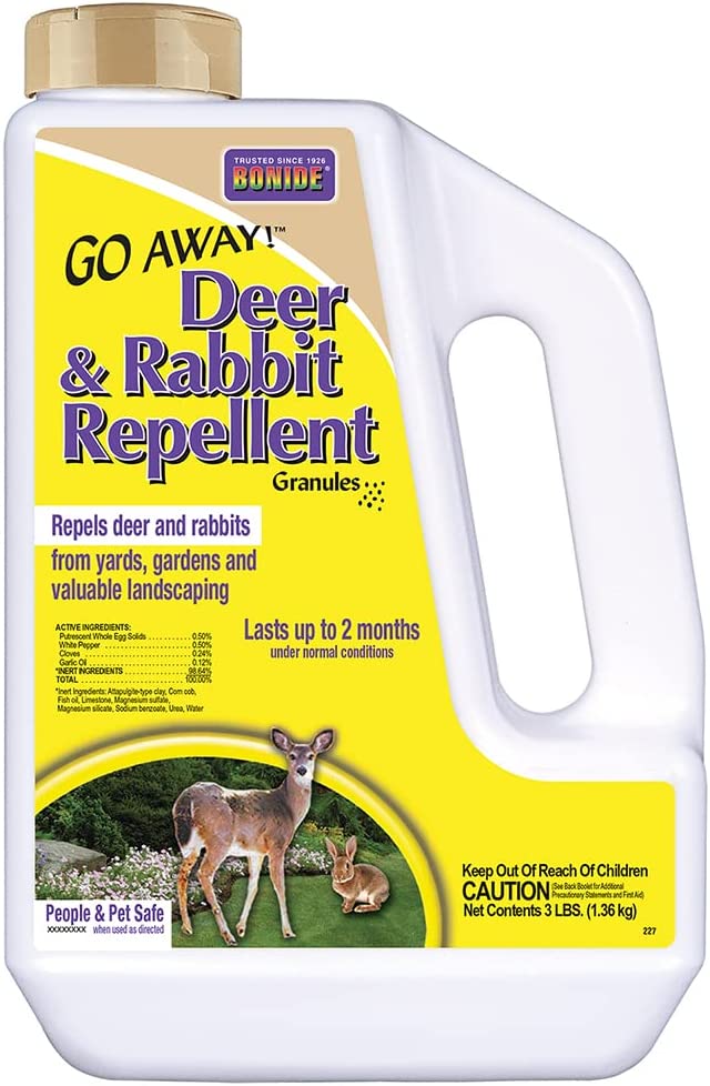 Bonide Go Away! Deer & Rabbit Repellent Granules, 3 lb. Ready-to-Use, Deter Deer from Garden, Flowers & Plants