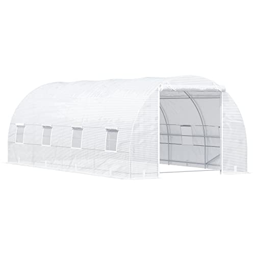 Outsunny 234.25" x 118" x 82.75" Walk-in Tunnel Greenhouse Garden Warm House Large Hot House Kit with 8 Roll-up Windows & Roll Up Door, Steel Frame, White