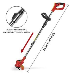 HUDAEN Cordless Grass Trimmer Weed Wacker, 3-in-1 String Trimmer Lawn Edger with 21V 2Ah Li-ion Battery for Garden and Yard with Wheel, Lightweight Adjustable Height Weed Eater Tool (Red)