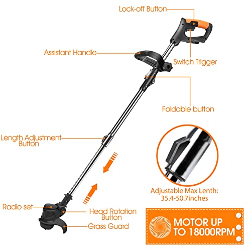 Weed Wacker, Electric Weed Wacker Cordless Trimmer, Retractable and Foldable Home Weed Eater Brush Cutter, Portable Battery Power Rechargeable Handheld Lawn Mower for Lawn, Yard, Garden