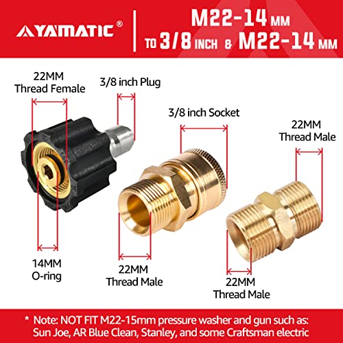 YAMATIC Pressure Washer Adapter Set Quick Connect Kit, M22-14mm to 3/8" Quick Connectors, 5000 PSI Pressure Couplers Fittings for a Pressure Washer, Hose, and Gun - 5 PCS