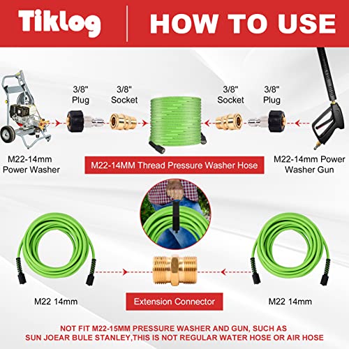 Pressure Washer Hose 50 FT 1/4”, 4000 PSI Kink Resistant High Pressure Replacement Hose M22 14mm Thread, Flexible Extension Hose with 3/8 Quick Connect Adapters for Power Washing