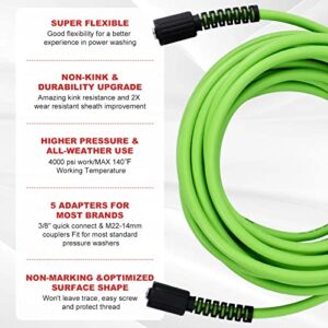 Pressure Washer Hose 50 FT 1/4”, 4000 PSI Kink Resistant High Pressure Replacement Hose M22 14mm Thread, Flexible Extension Hose with 3/8 Quick Connect Adapters for Power Washing